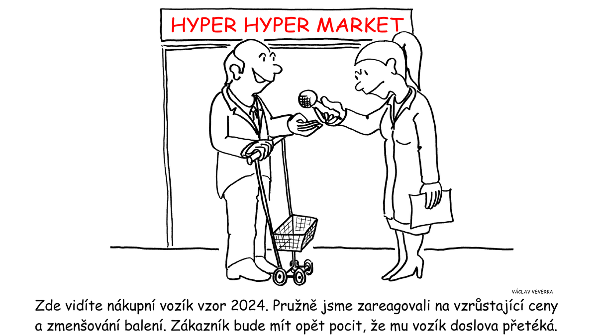 Kreslený vtip - Obchody reagují na nárůst cen - Médium.cz