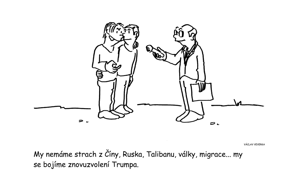 Kreslený vtip - Zaměřme se na opravdové problémy - na Trumpa! - Médium.cz